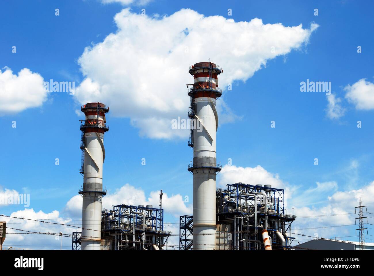 Petrochemical oil refinery chimney stacks, Puente Mayorga, Cadiz ...