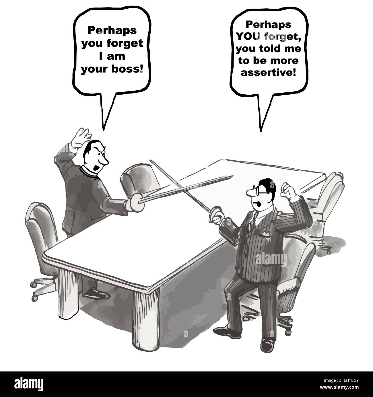 Cartoon of business assistant dueling with boss, you forgot you told me ...