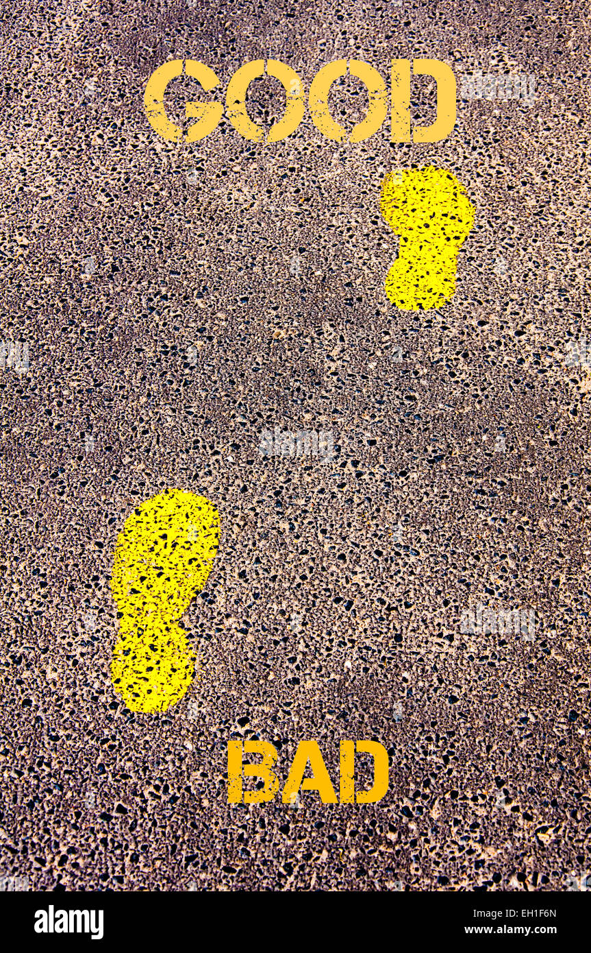 Yellow footsteps on sidewalk from Bad to Good messages. Conceptual ...