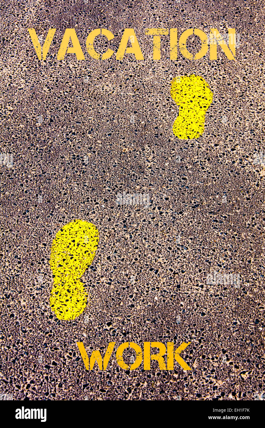 Yellow footsteps on sidewalk from Work to Vacation messages. Conceptual ...
