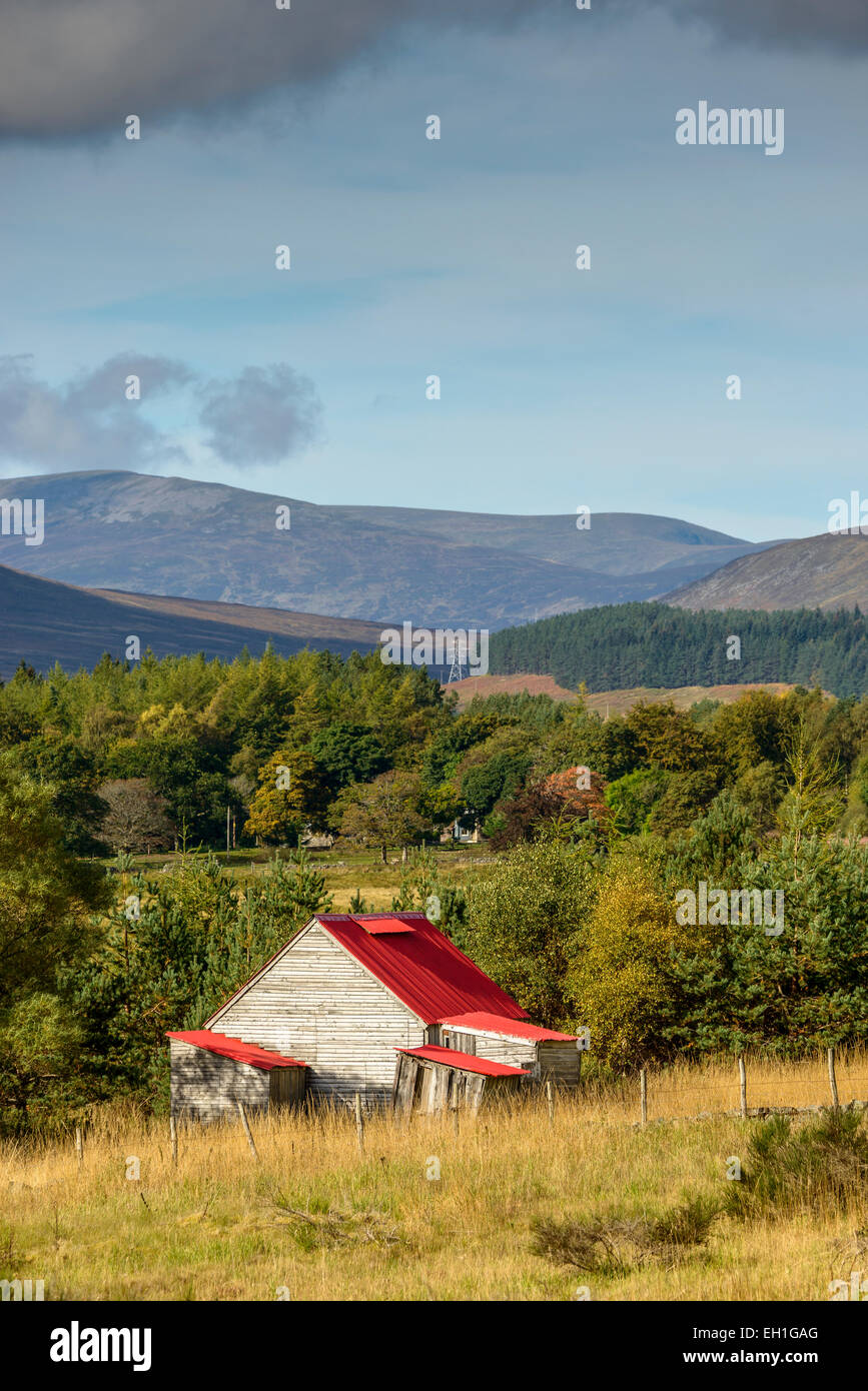 Wooden hut with a red roof in a rural area of the Cairngorms, Scotland ...