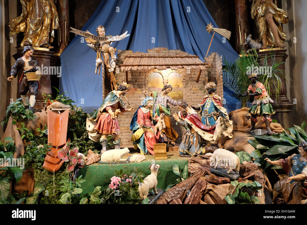 Nativity scene, creche, or crib, birth of Jesus in Mariahilf church in ...