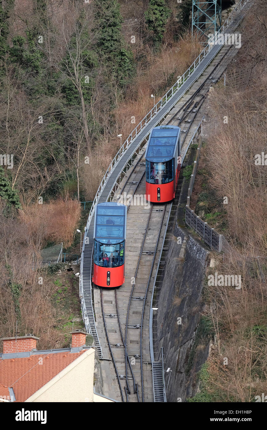 Modern funicular climbing to Schlossberg and Graz city panoramic view ...