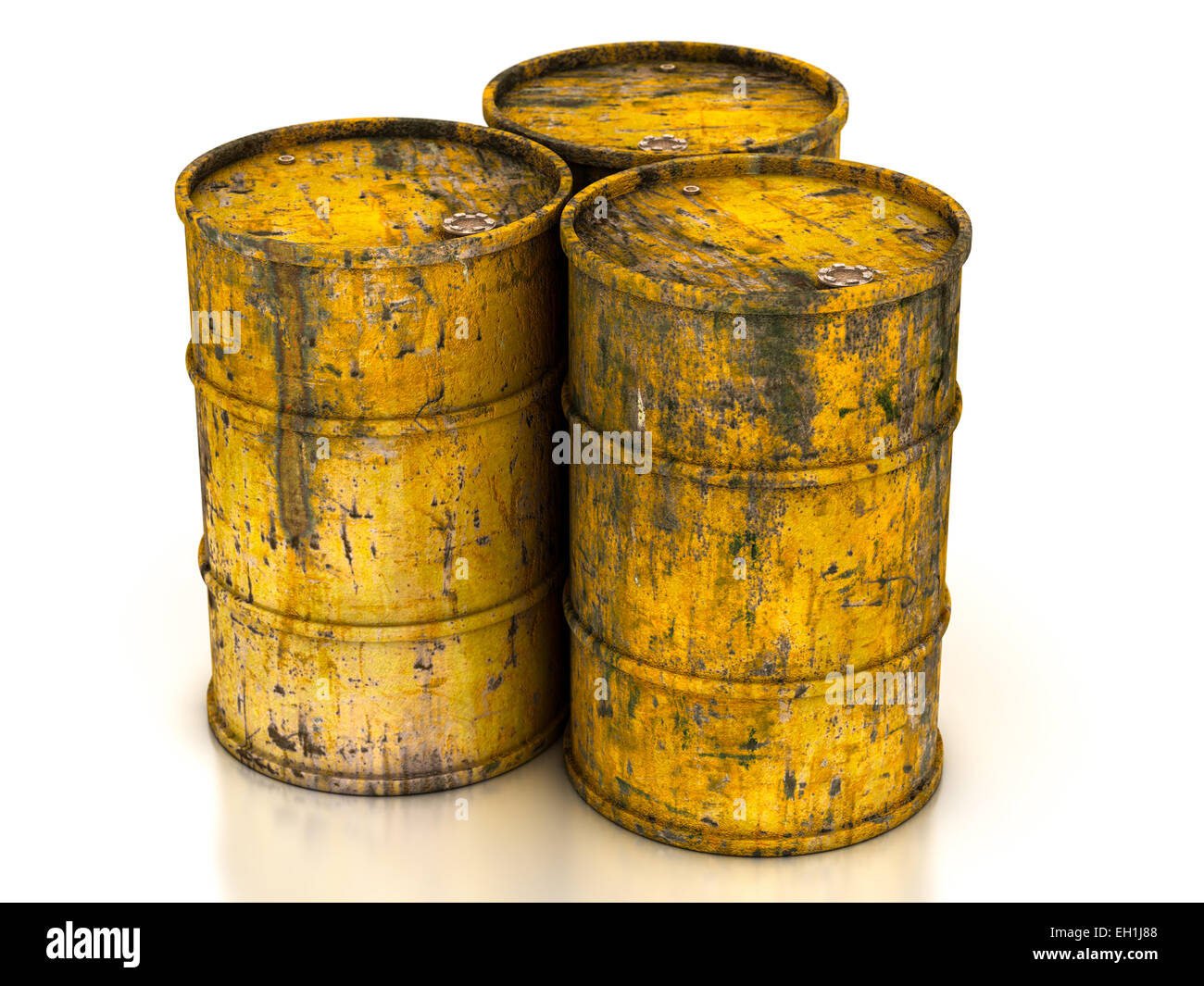 сhemical yellow old barrels on a white background Stock Photo - Alamy