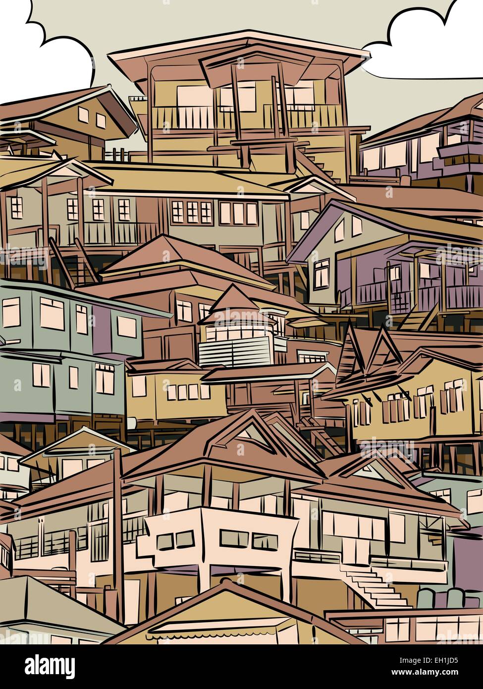 Editable vector illustration of closely packed houses on a hillside ...