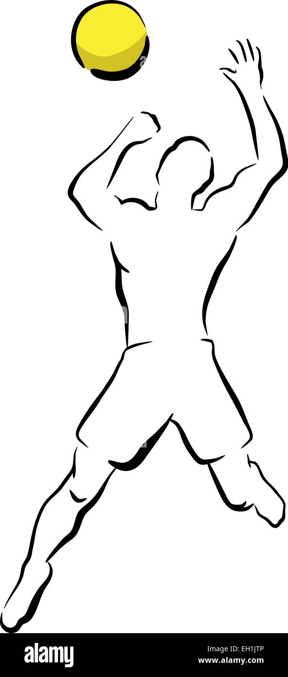 Editable vector sketch illustration of a man smashing a volleyball ...