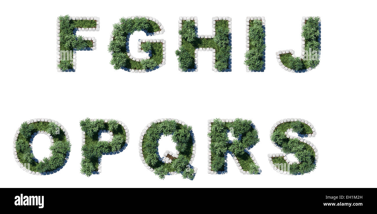 Trees and grass font with grey cubing border. letters collection Stock ...