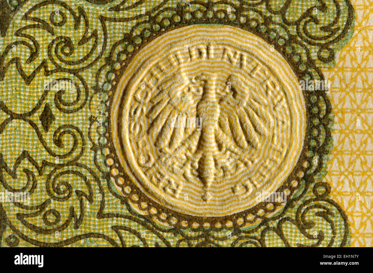 Detail from a 1914 German 1 Mark banknote showing raised embossed ...