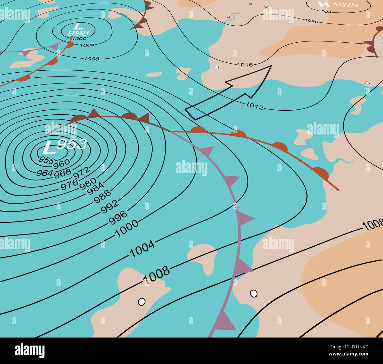 Editable vector illustration of an angled generic weather map showing a ...