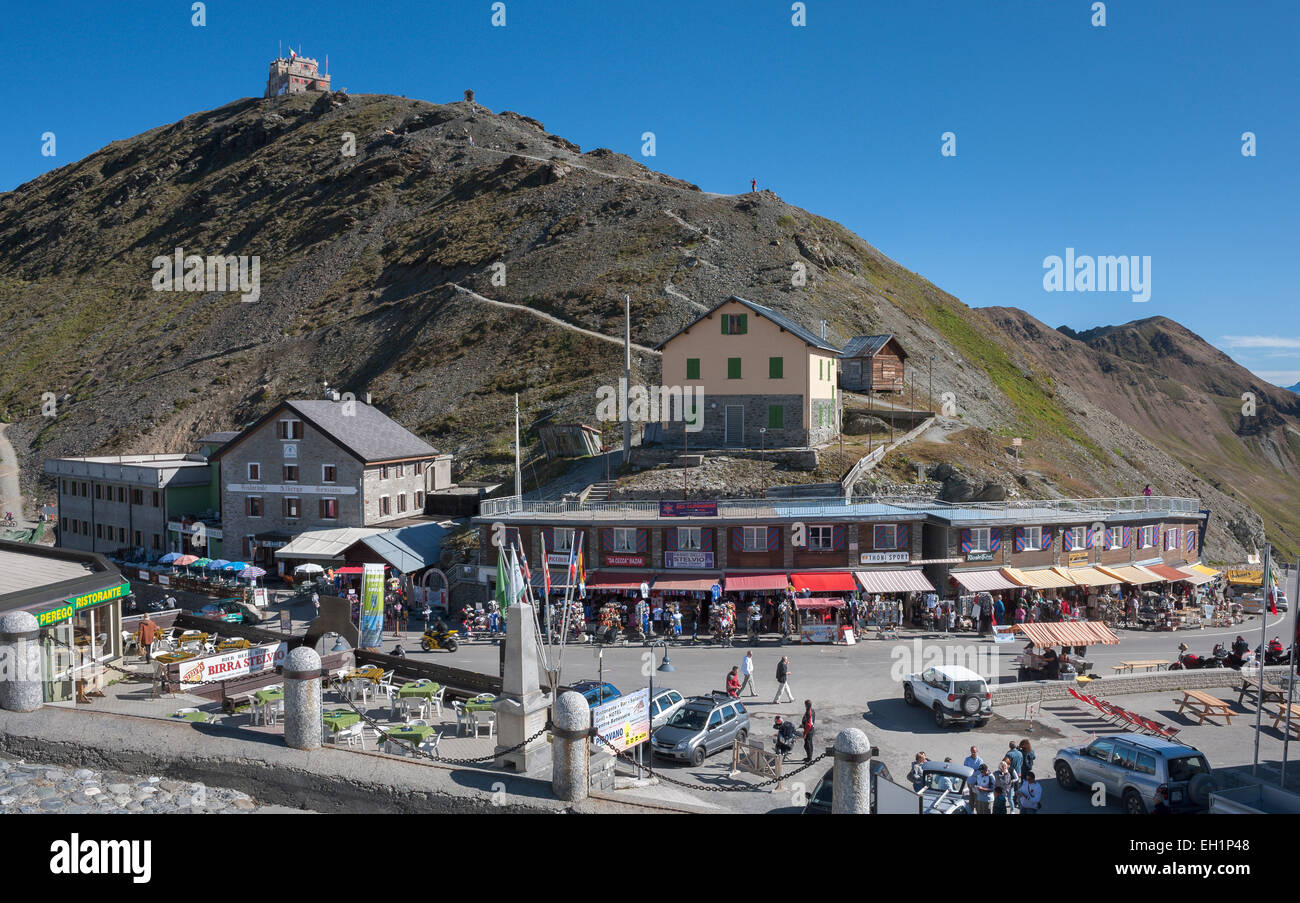 Stelvio Pass, 2757 m, tourist shops on the pass road, at the top Mt ...