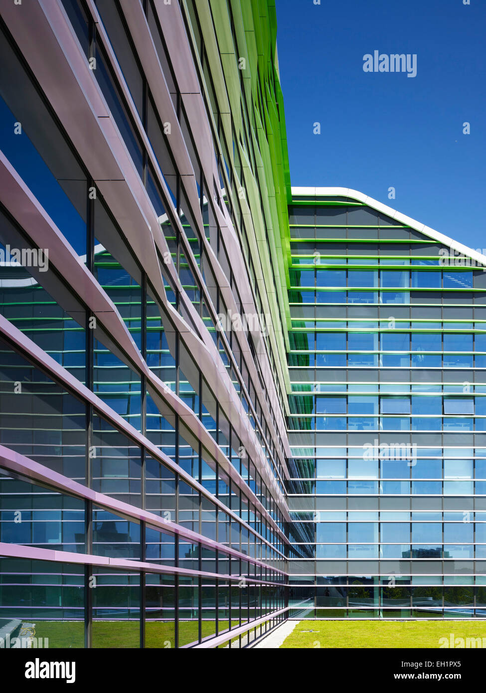Multi-coloured lamellas of building facade. Astellas Offices - Mirai ...