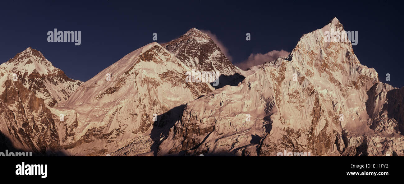 Everest Summit panoramic view with Lhotse and Nuptse peaks during ...