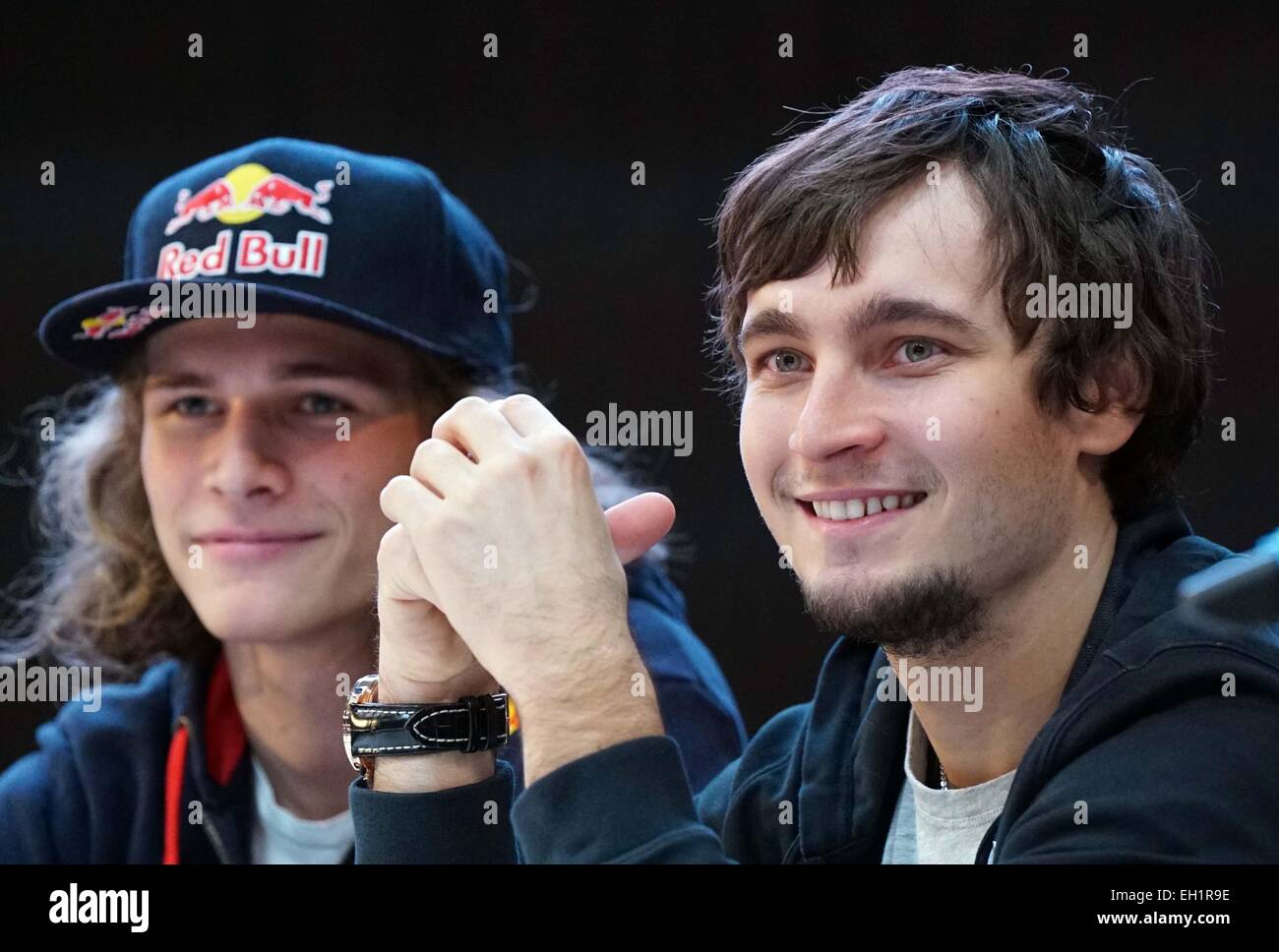 Karel Abraham (right) and Karel Hanika of Czech Republic speak with ...
