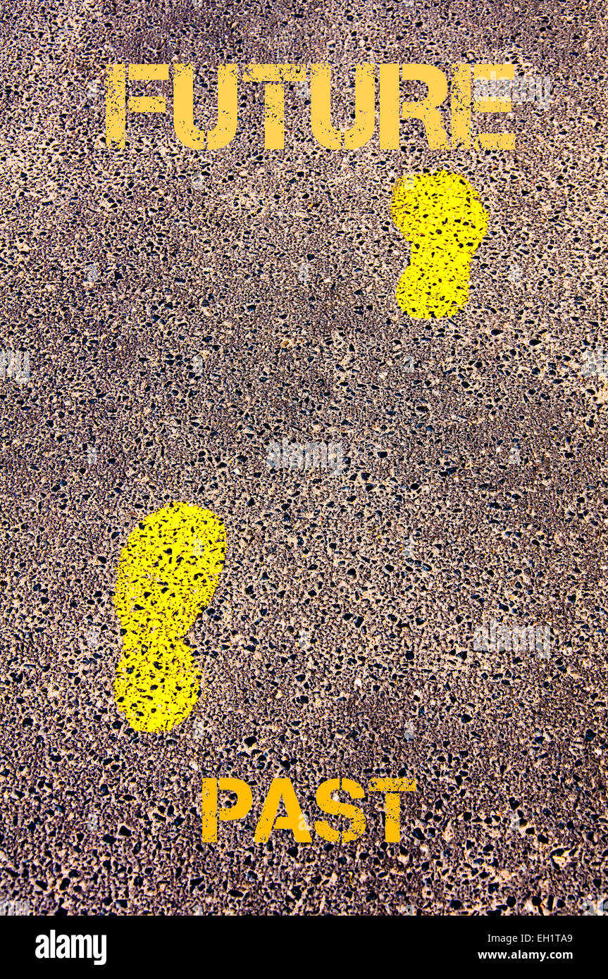 Yellow footsteps on sidewalk from Past to Future message. Conceptual ...