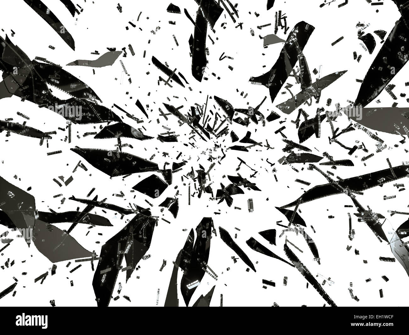 Small and large pieces of shattered black glass isolated on white Stock ...