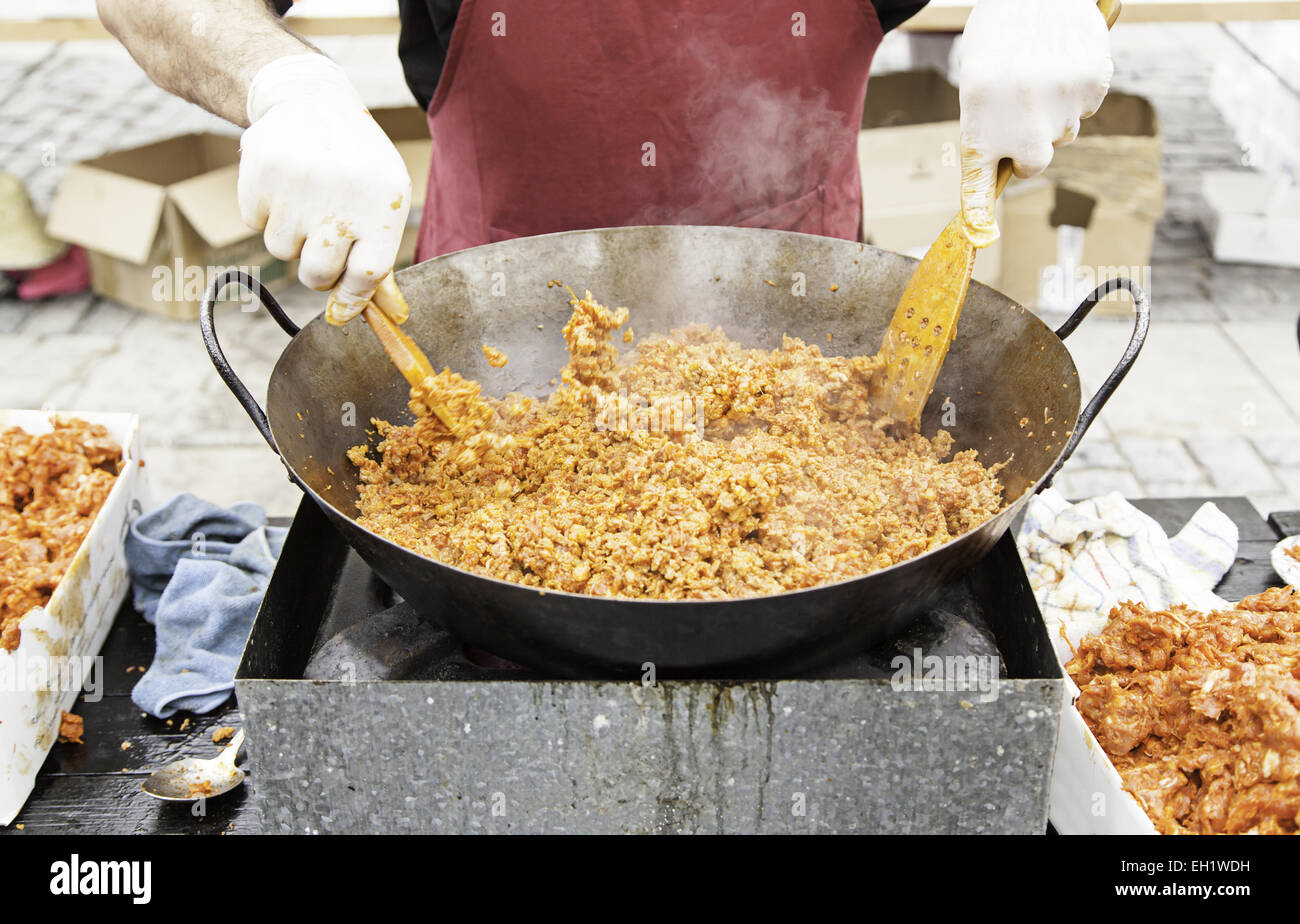 Cooking ground beef, detail of a chef preparing red meat Stock Photo ...