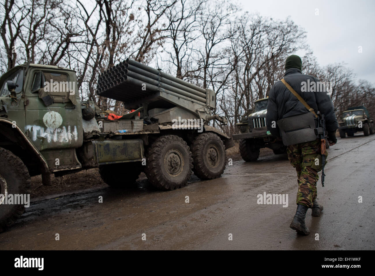 Mariupol, Ukraine. 5th March, 2015. A soldier watches over a unit of ...