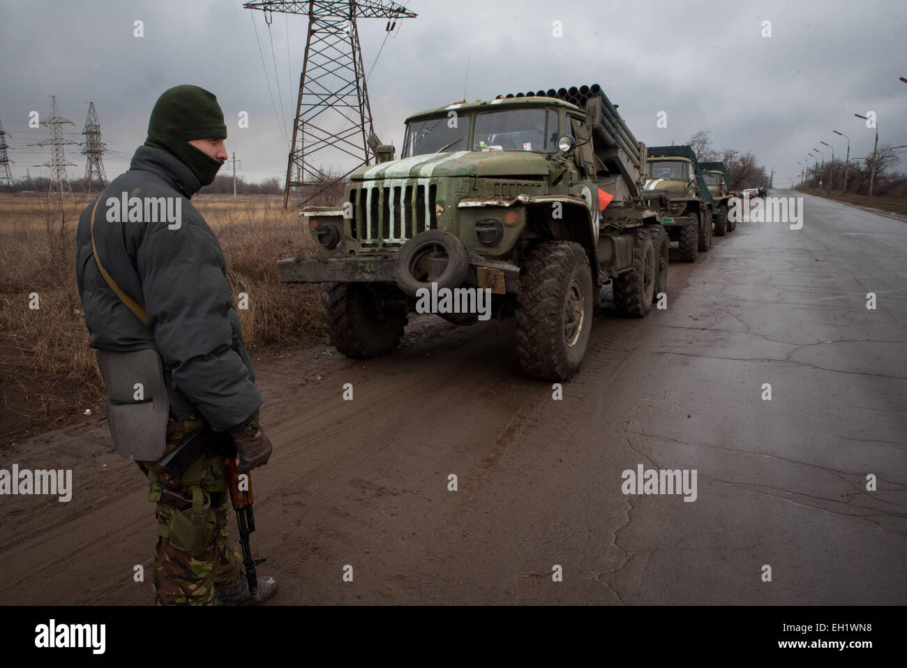Mariupol, Ukraine. 5th March, 2015. A soldier watches over a unit of ...
