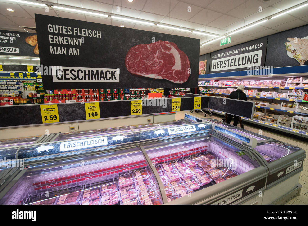 Stuttgart, Germany. 3rd Mar, 2015. Refrigerated meat is on display in ...