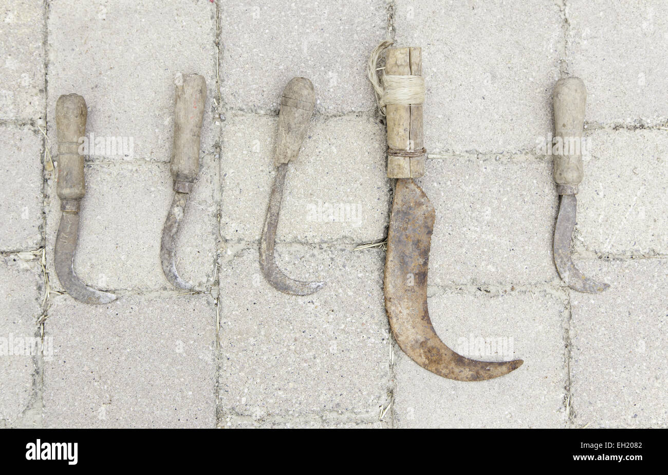 Old rusty scythes, detailed toolset for field crop Stock Photo - Alamy
