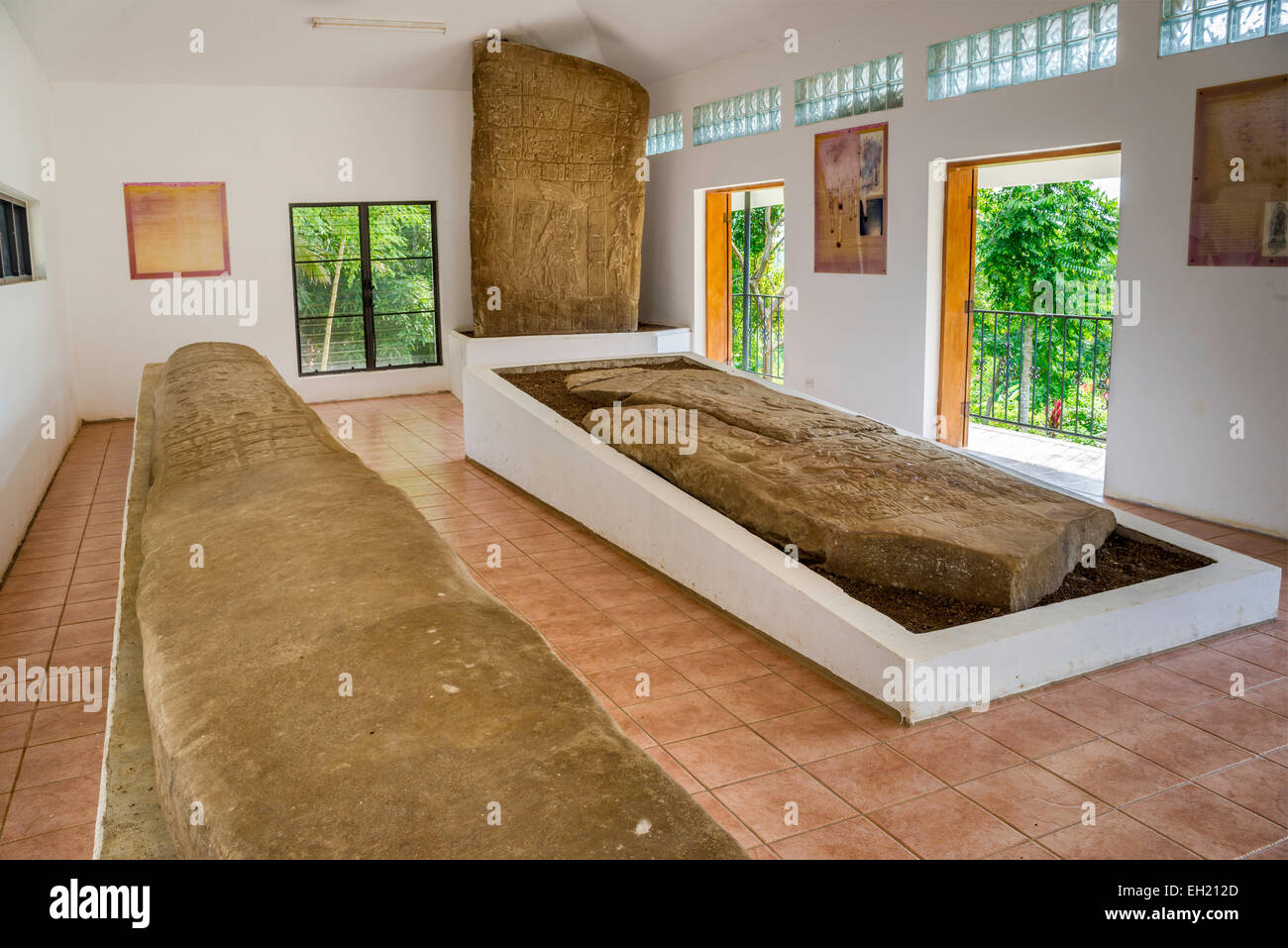 Stelae, visitor center at Nim Li Punit, Maya ruins, Southern Highway ...