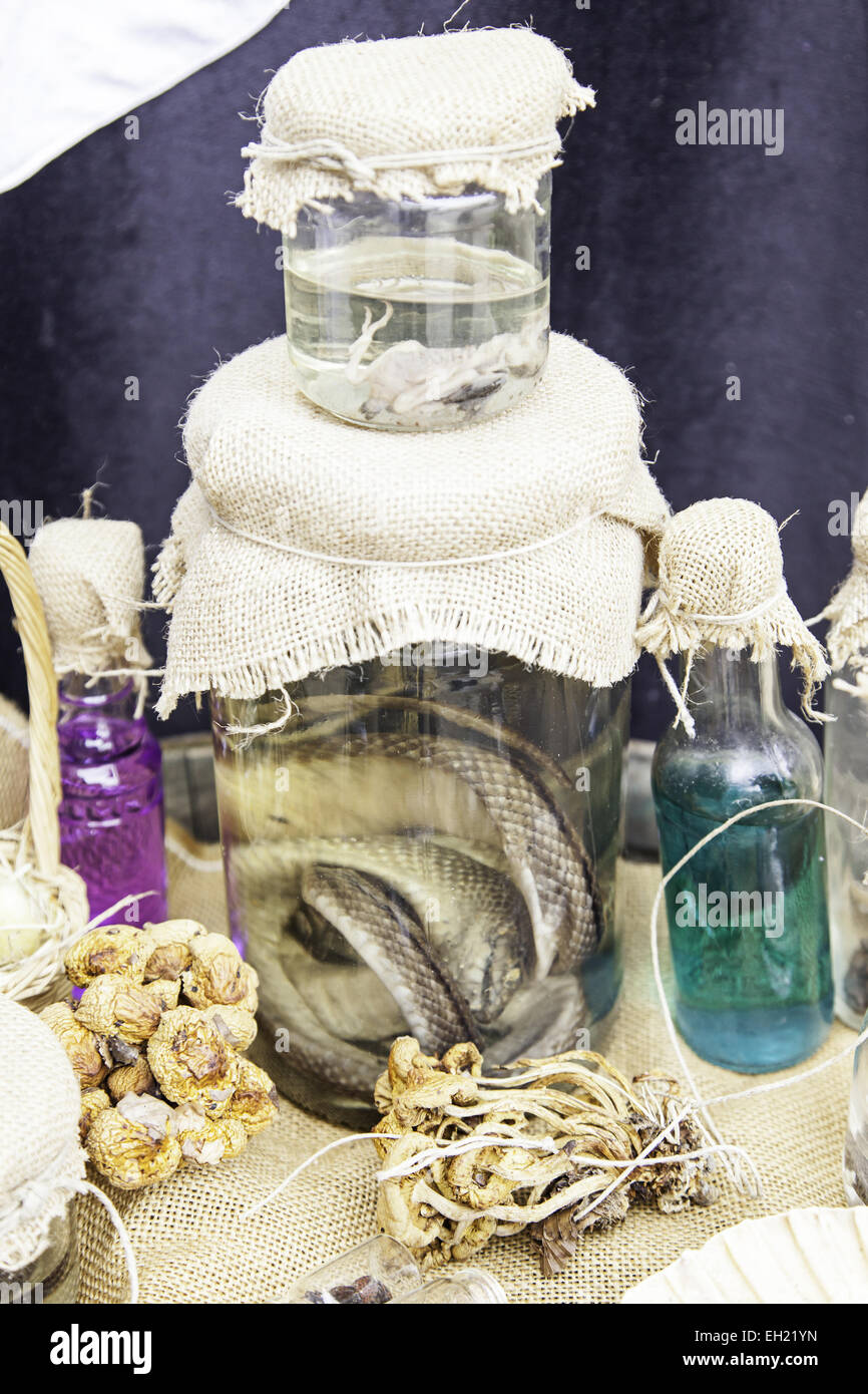 Objects for spells and witchcraft, detail of a table for witchcraft ...