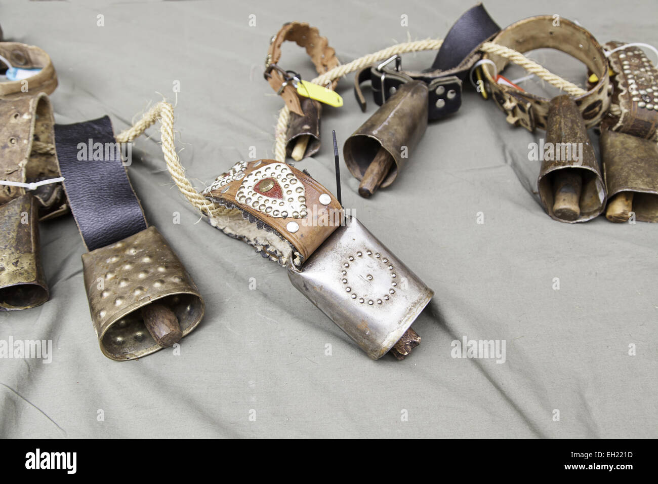 Old metallic rattles, detailed toolset for cows Stock Photo - Alamy