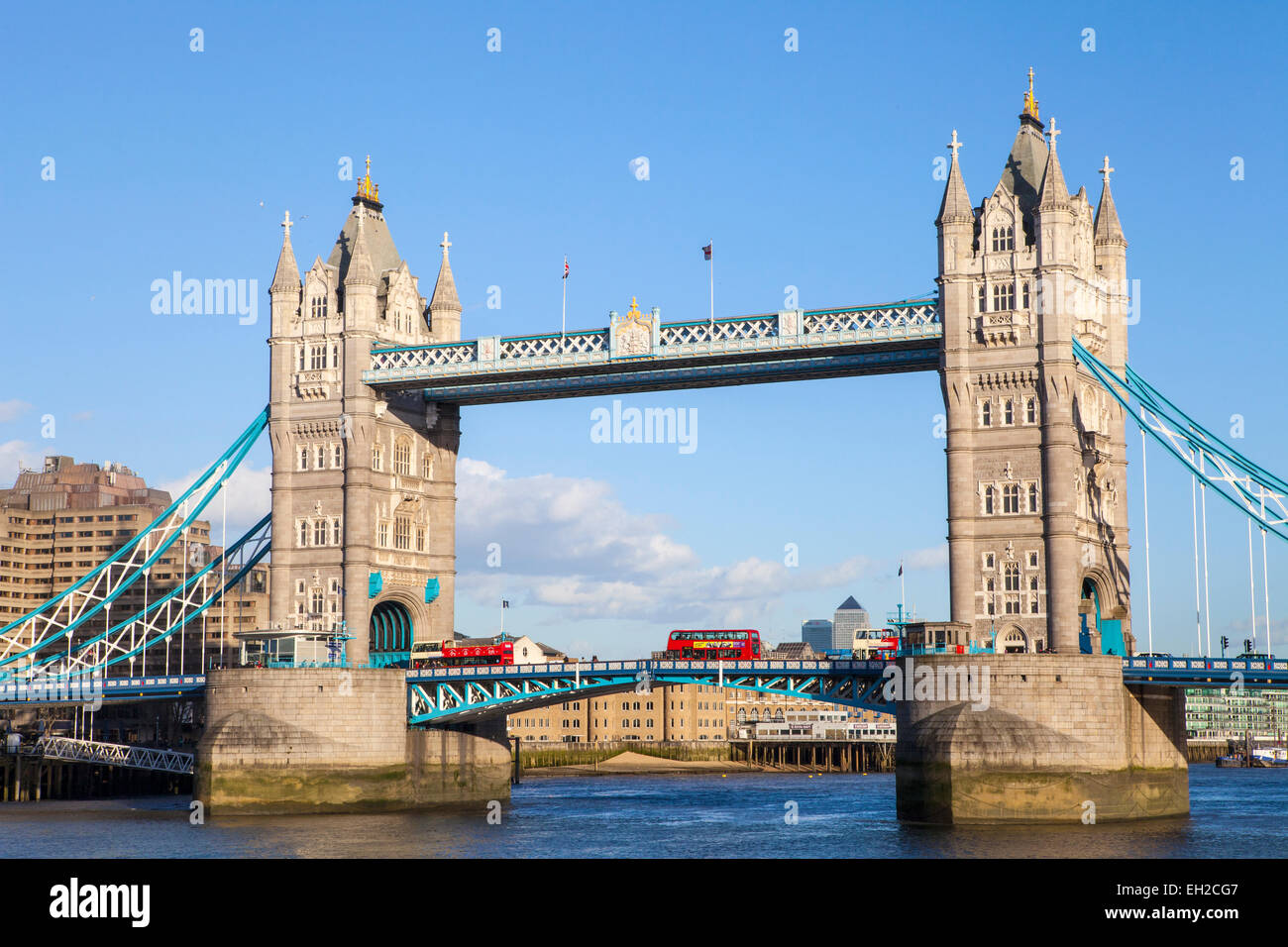 A beautiful view of Tower Bridge under a clear sky in London. Docklands ...