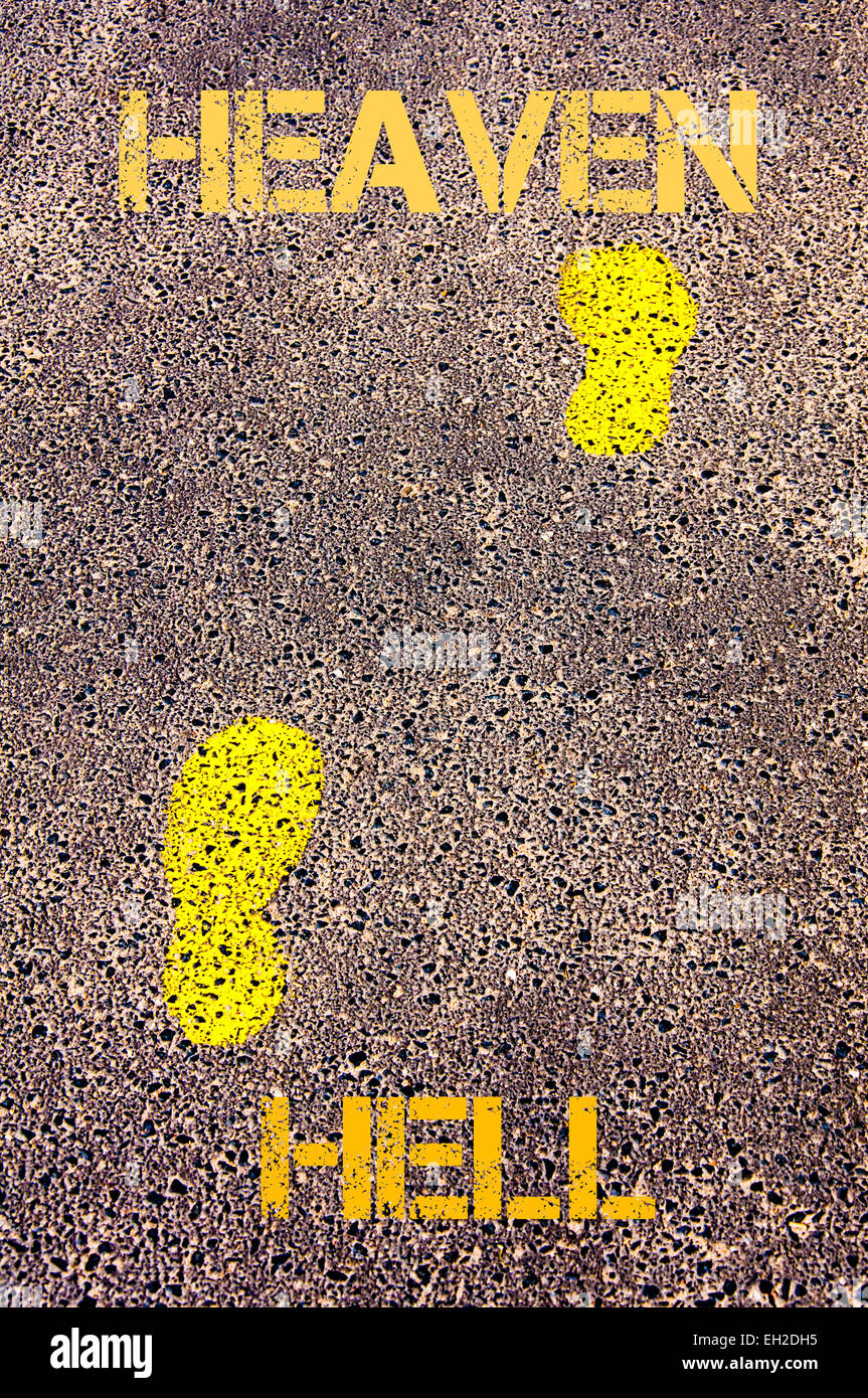 Yellow footsteps on sidewalk from Hell to Heaven message. Conceptual ...