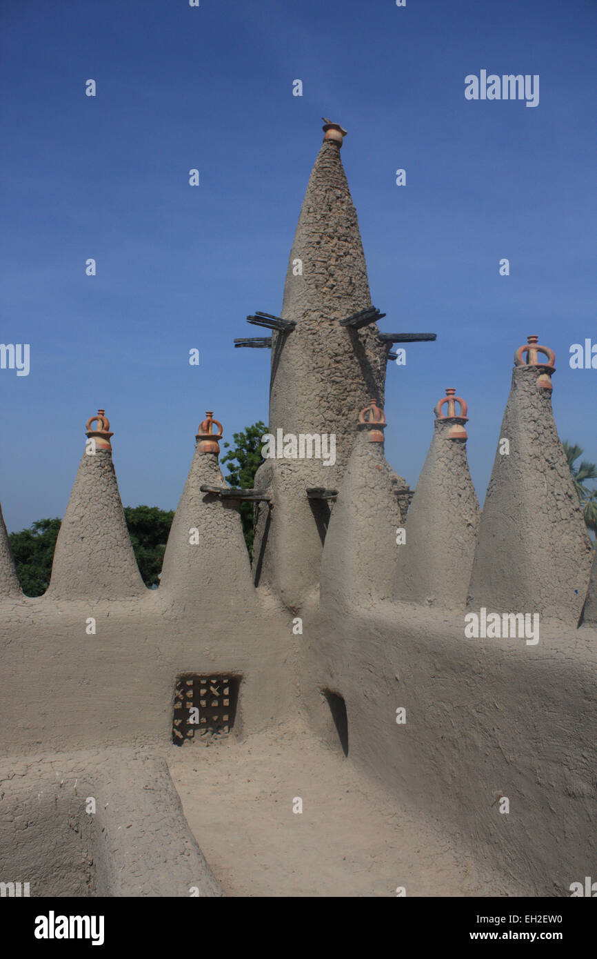 Detail of Minaret of a traditional mosque made of mud in Mali, West ...
