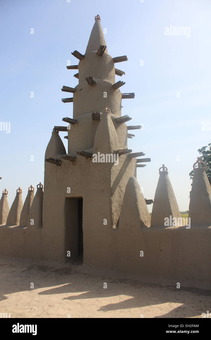 Detail of Minaret of a traditional mosque made of mud in Mali, West ...