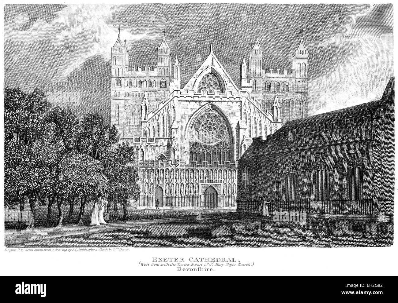 An engraving of Exeter Cathedral, Devonshire scanned at high resolution ...