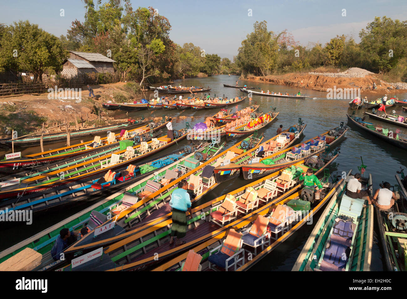 Colourful boats at a village on Inle Lake, Myanmar ( Burma ), Asia ...