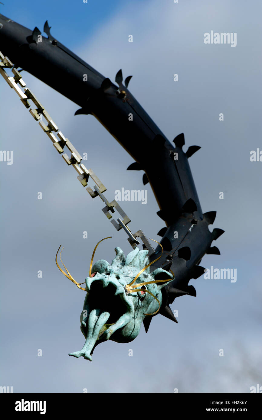 A modern dragon gargoyle, St. Nicholas Church, Hatherop, Gloucestershire, England, UK Stock ...