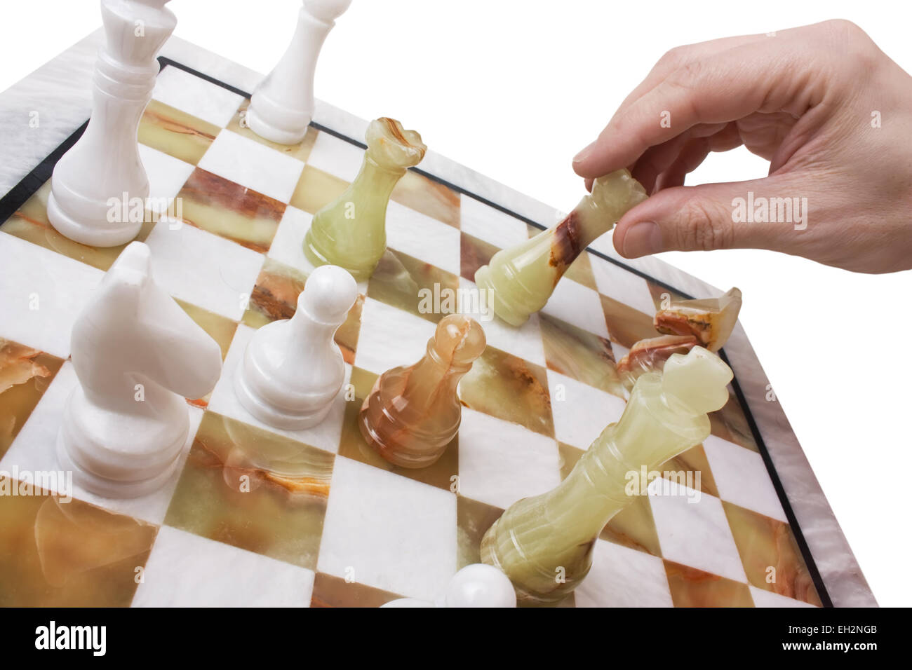 hand poses a chess piece on the board isolated on white background ...