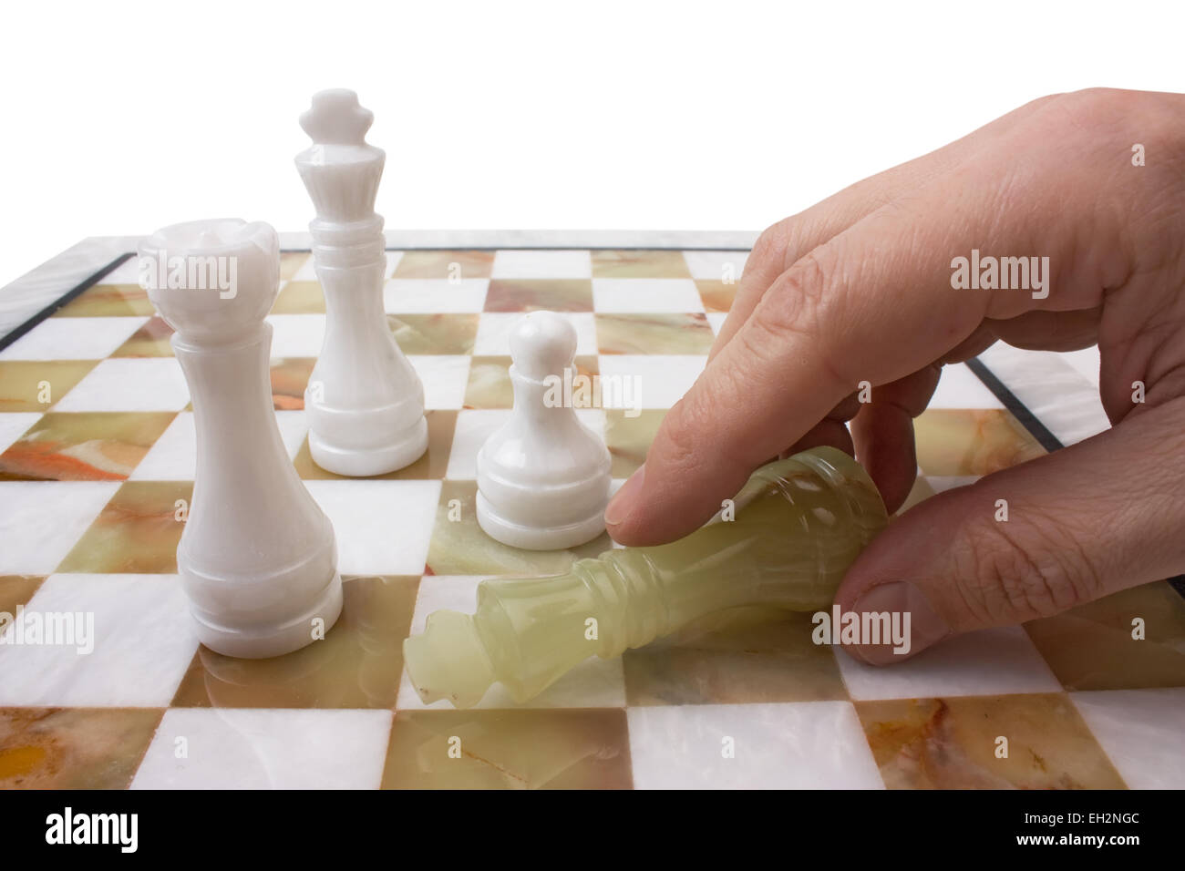 hand poses a chess piece on the board isolated on white background ...