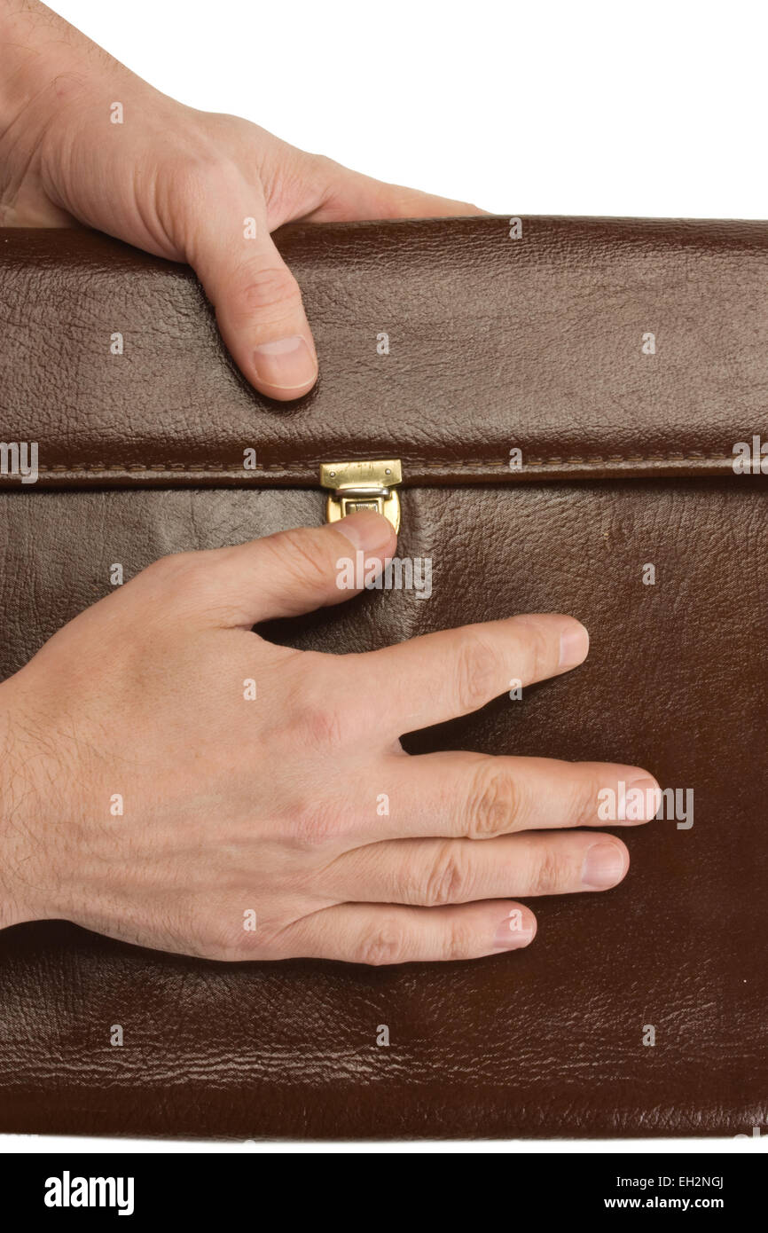 hand lock buttons on the briefcase isolated on a white background Stock ...