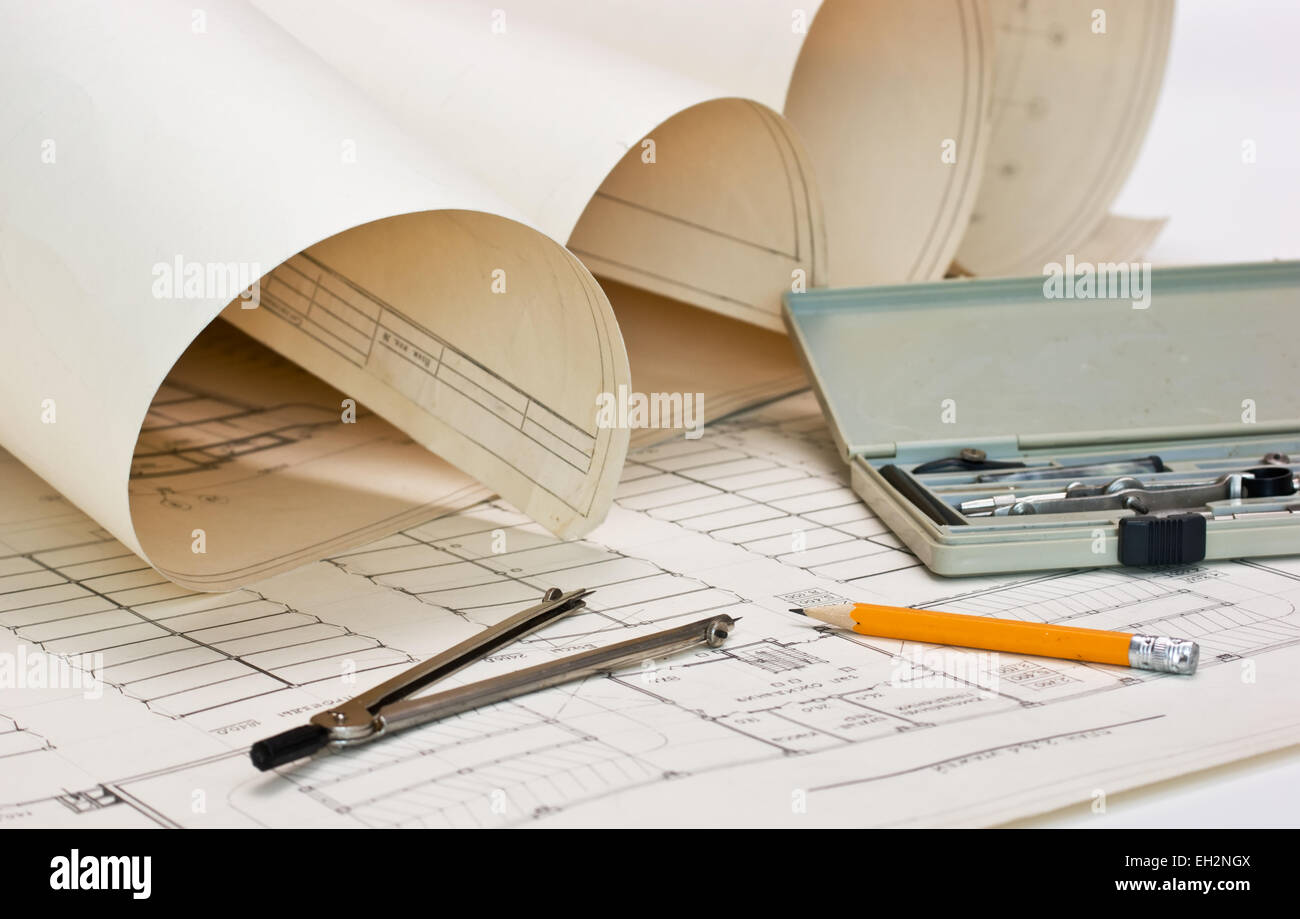 old technical drawings and slide rule Stock Photo - Alamy