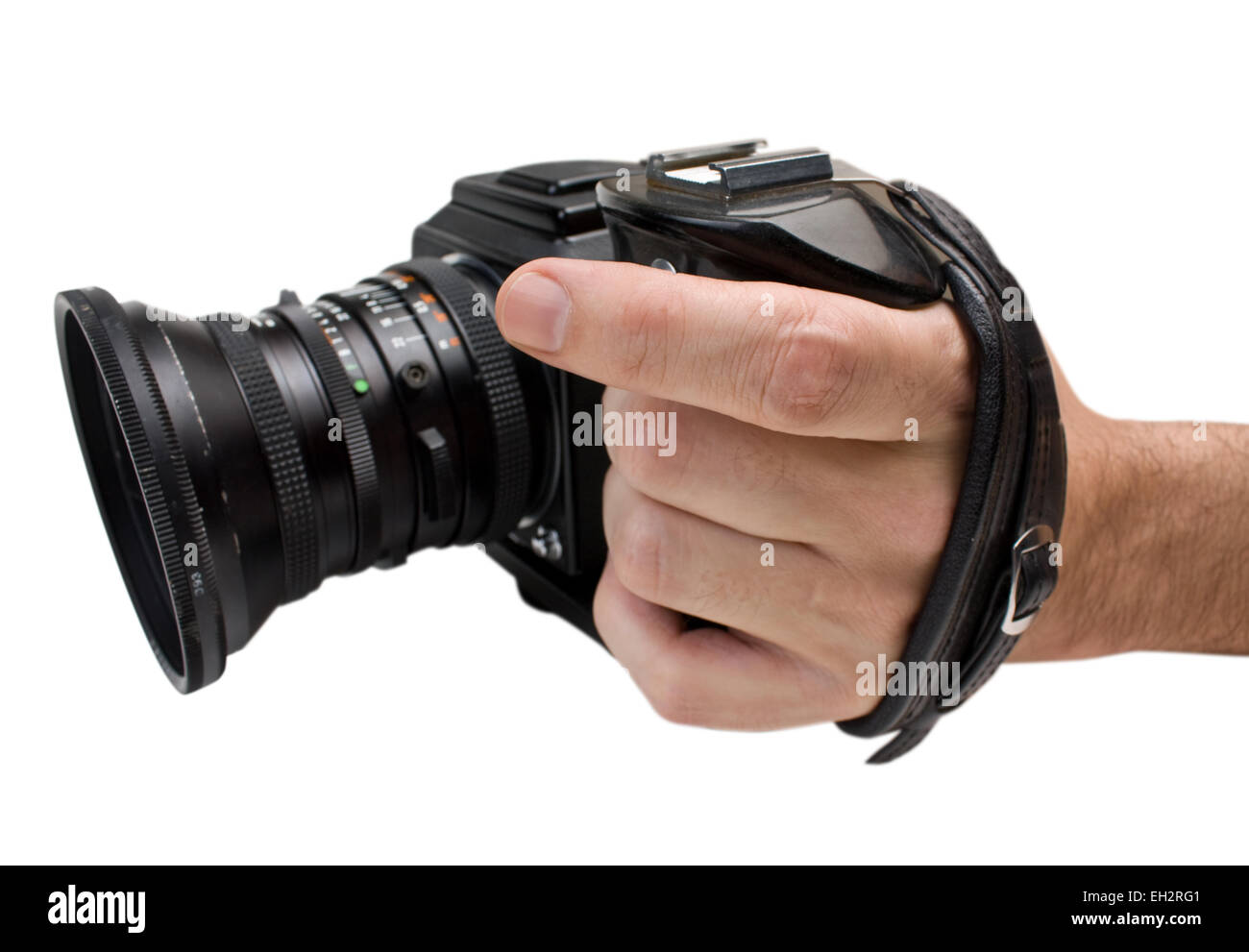 hand holds the handle of the camera isolated on white background Stock ...