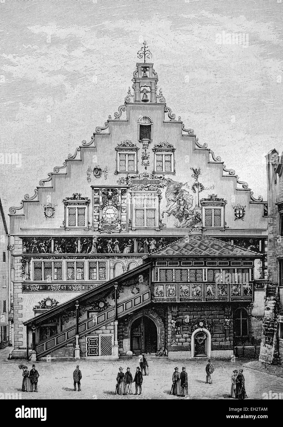 The city hall in Lindau, Bavaria, Germany, historical illustration ...