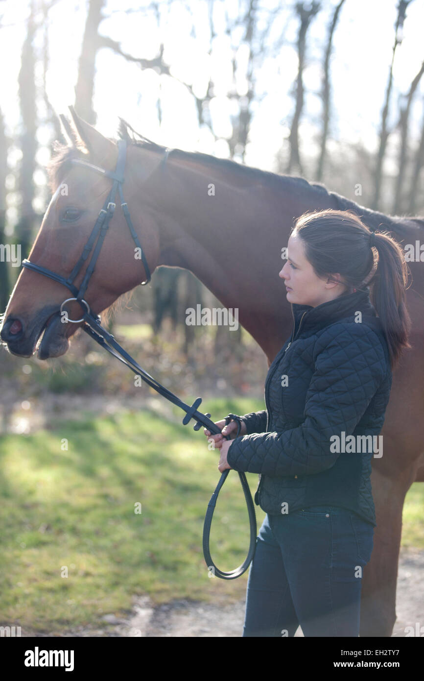 A young woman leading a Thoroughbred horse in hand Stock Photo - Alamy