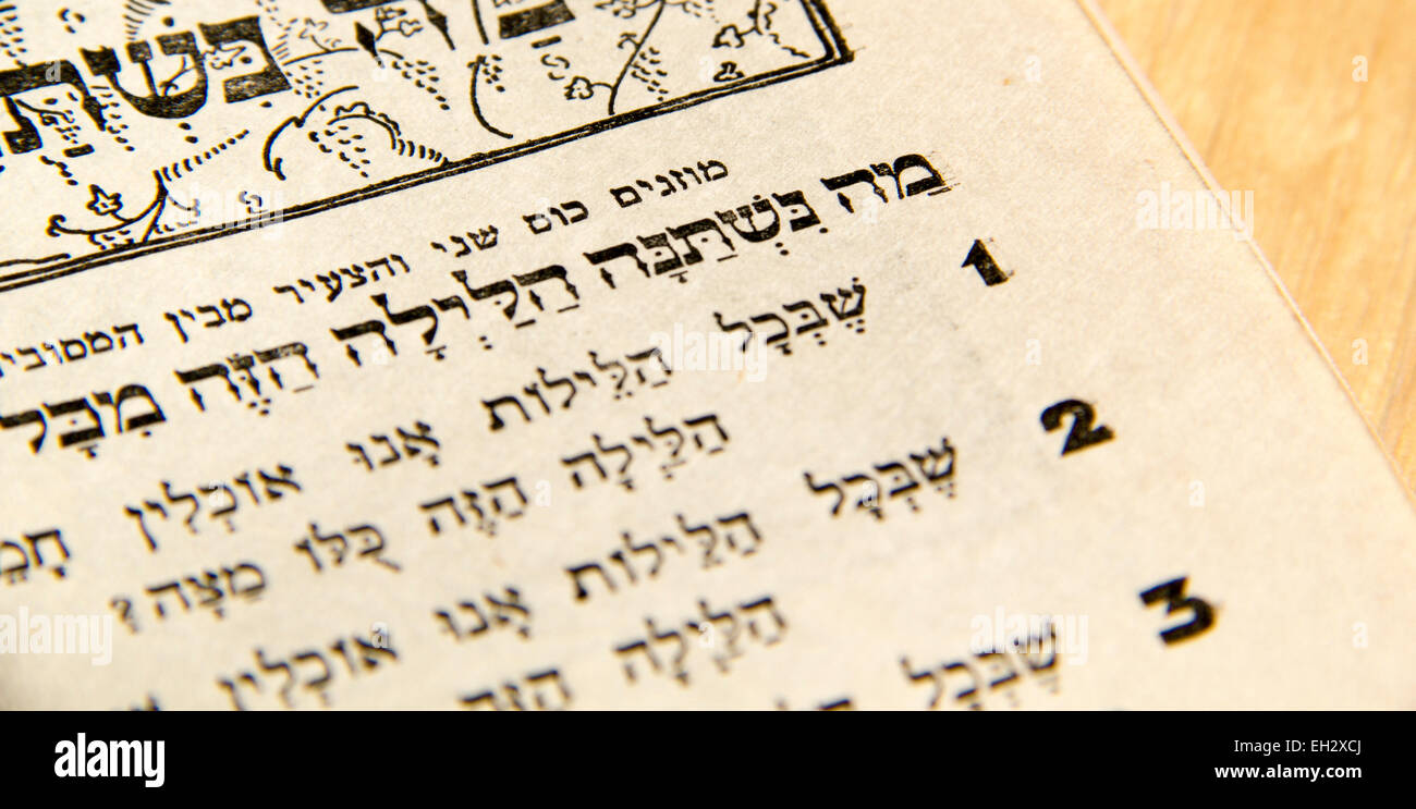 Closeup of Hebrew text in traditional vintage Passover haggadah "What ...