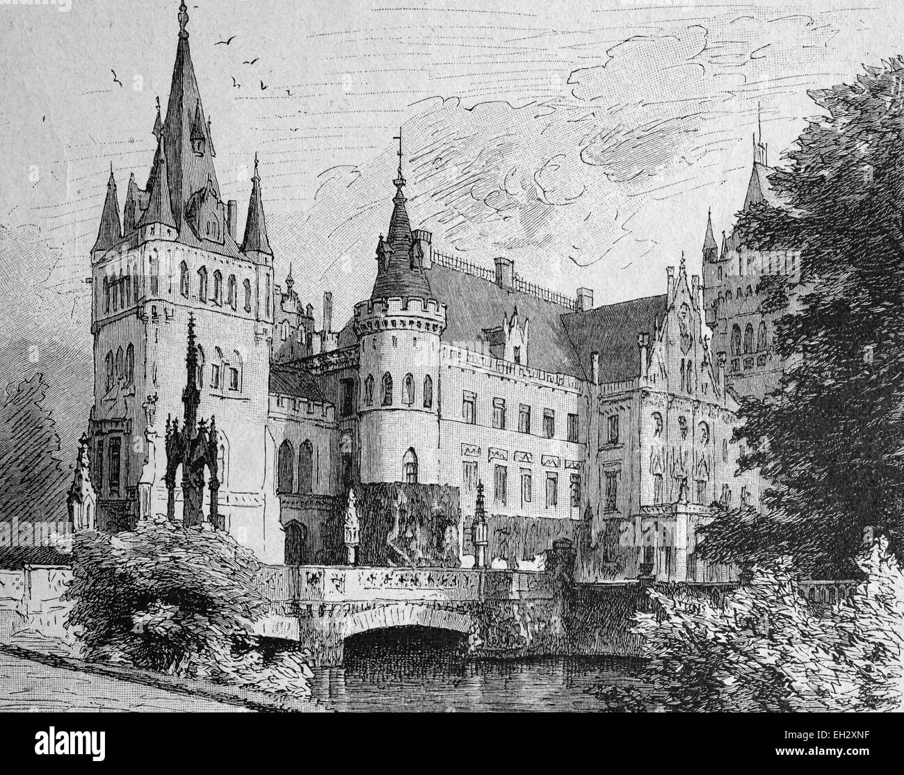 Koppitz castle, today Kopice, Brzeg district, Silesia, Poland, woodcut ...