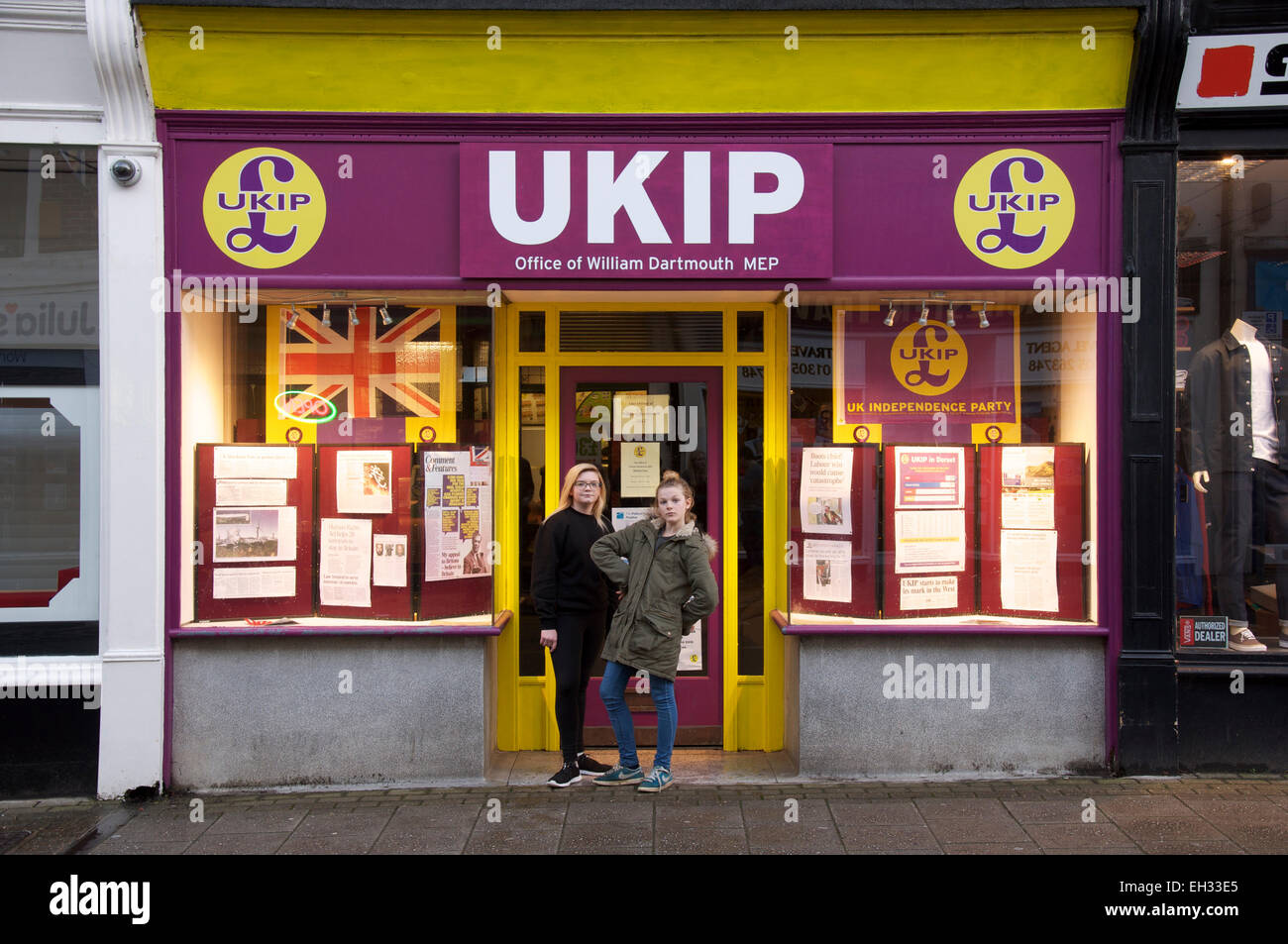 Politics. Two teenage girls pose in the doorway of the local UKIP ...