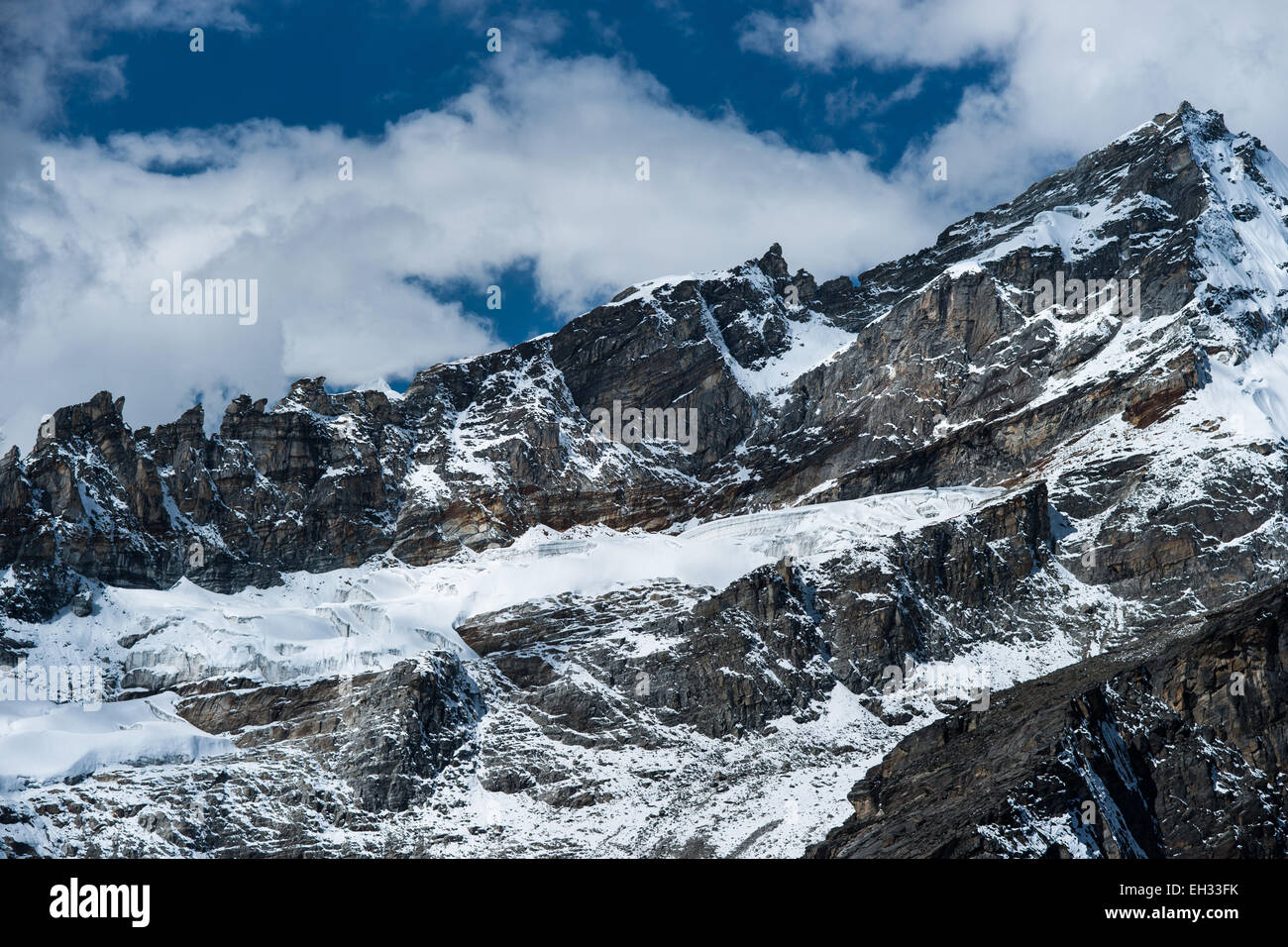 Rocks and snow viewed from Gokyo Ri summit in Himalayas. Travel to ...
