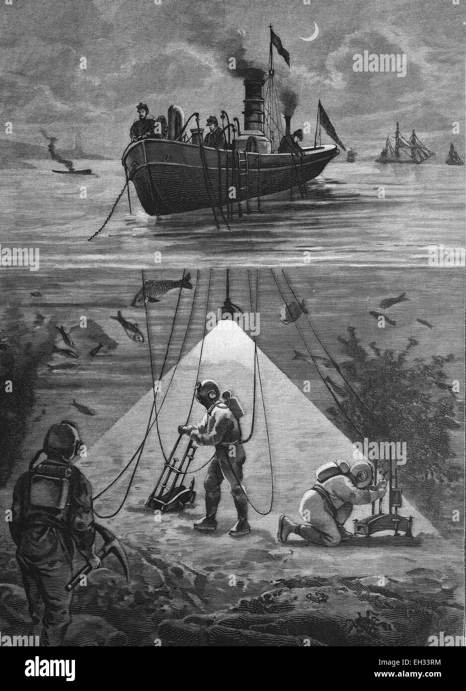 Divers work on the seabed with electric light Stock Photo - Alamy