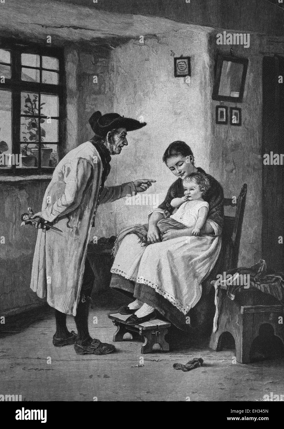 Father comes from the market and has a doll for his daughter, woodcut ...