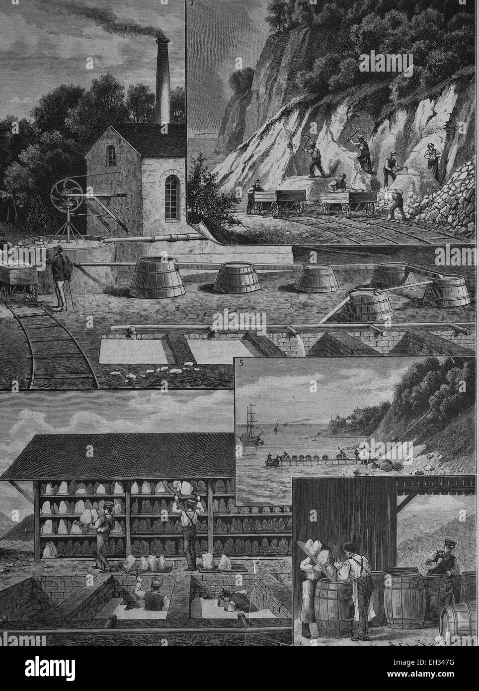 Historical engraving, chalk mining and factory manufacturing chalk ...