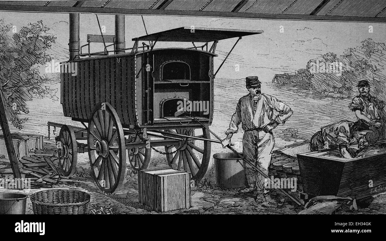 Mobile baking oven, army field bakery of the French army, woodcut 1888 ...