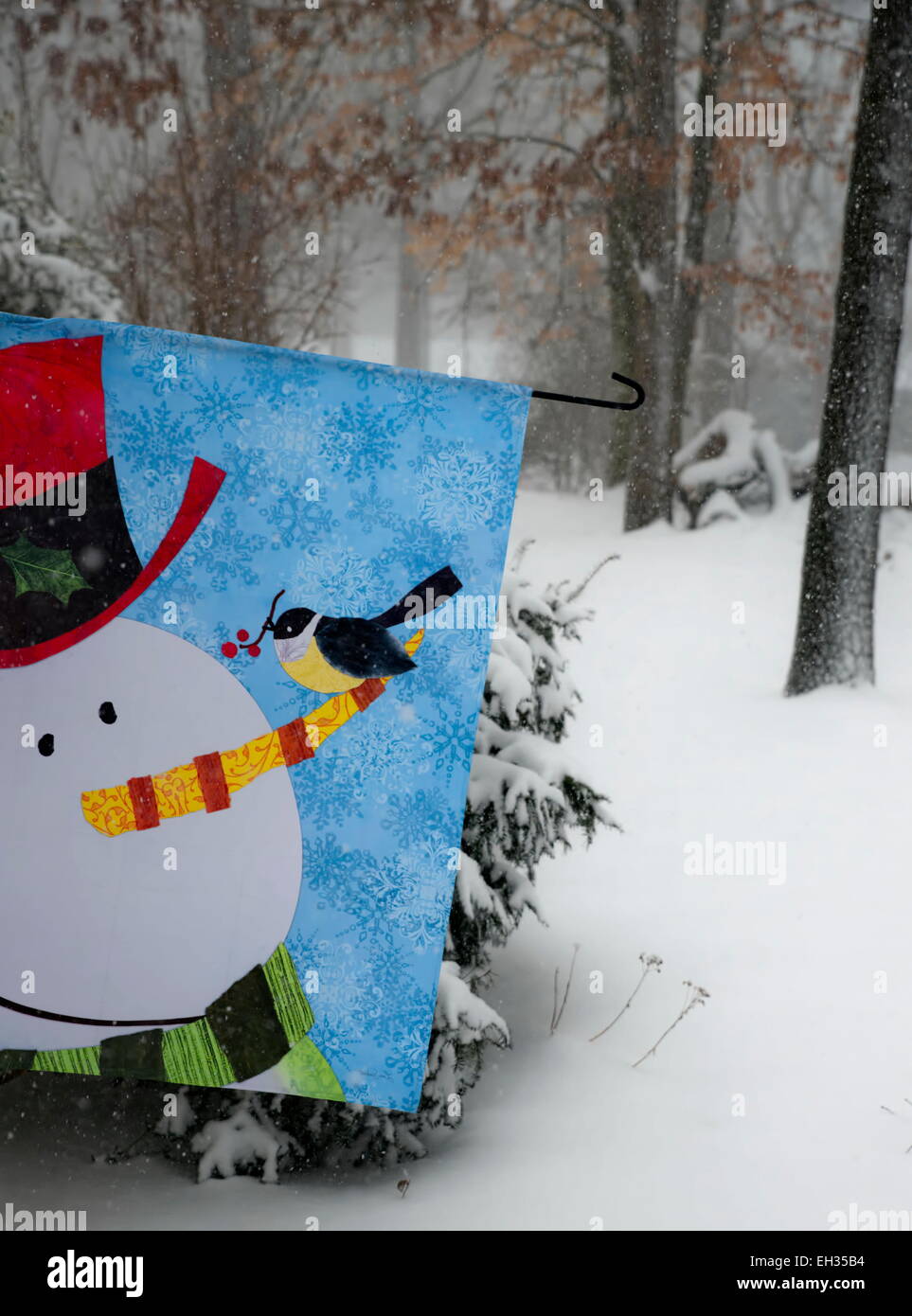 Snowman banner and snowy field (vertical Stock Photo - Alamy